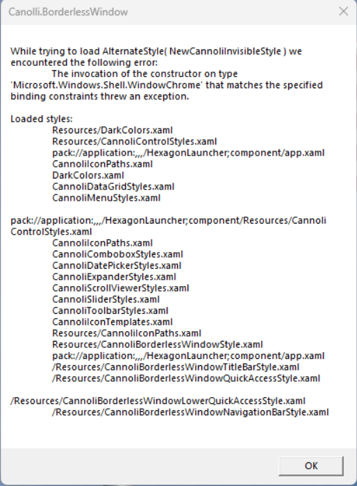 How do I fix the Canolli Borderless Window error message?