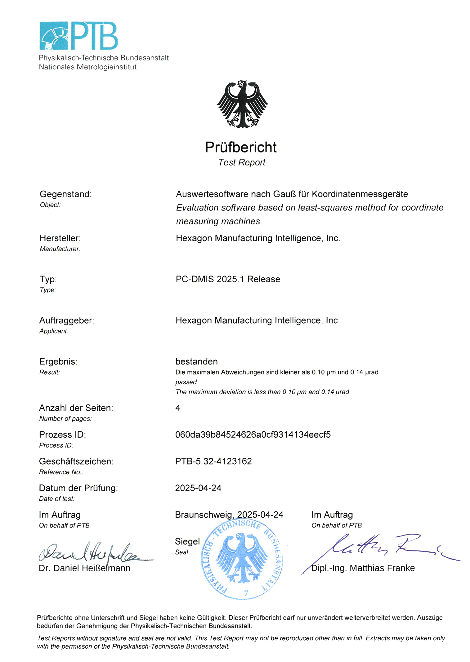 PTB Certification for PC-DMIS 2025.1